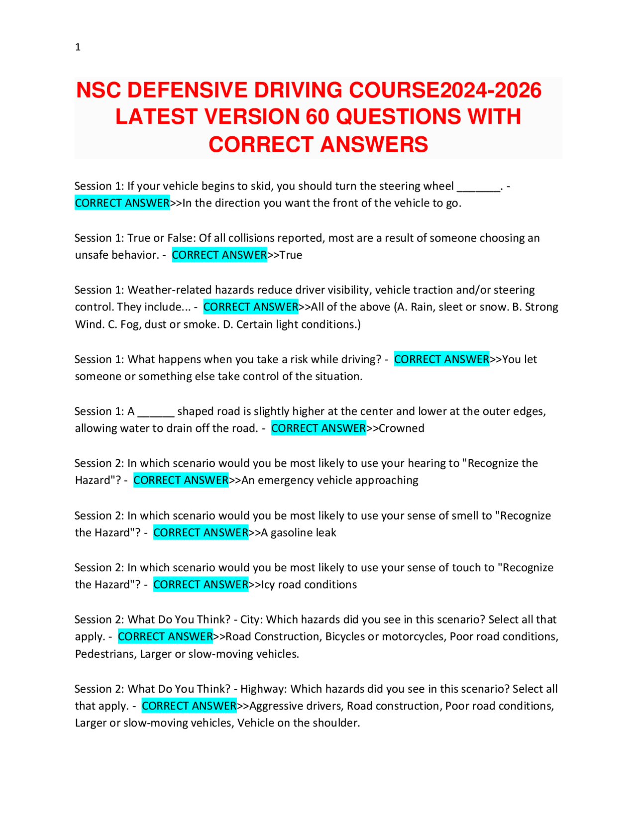 NSC DEFENSIVE DRIVING COURSE2024-2026 LATEST VERSION 60 QUESTIONS WITH ...