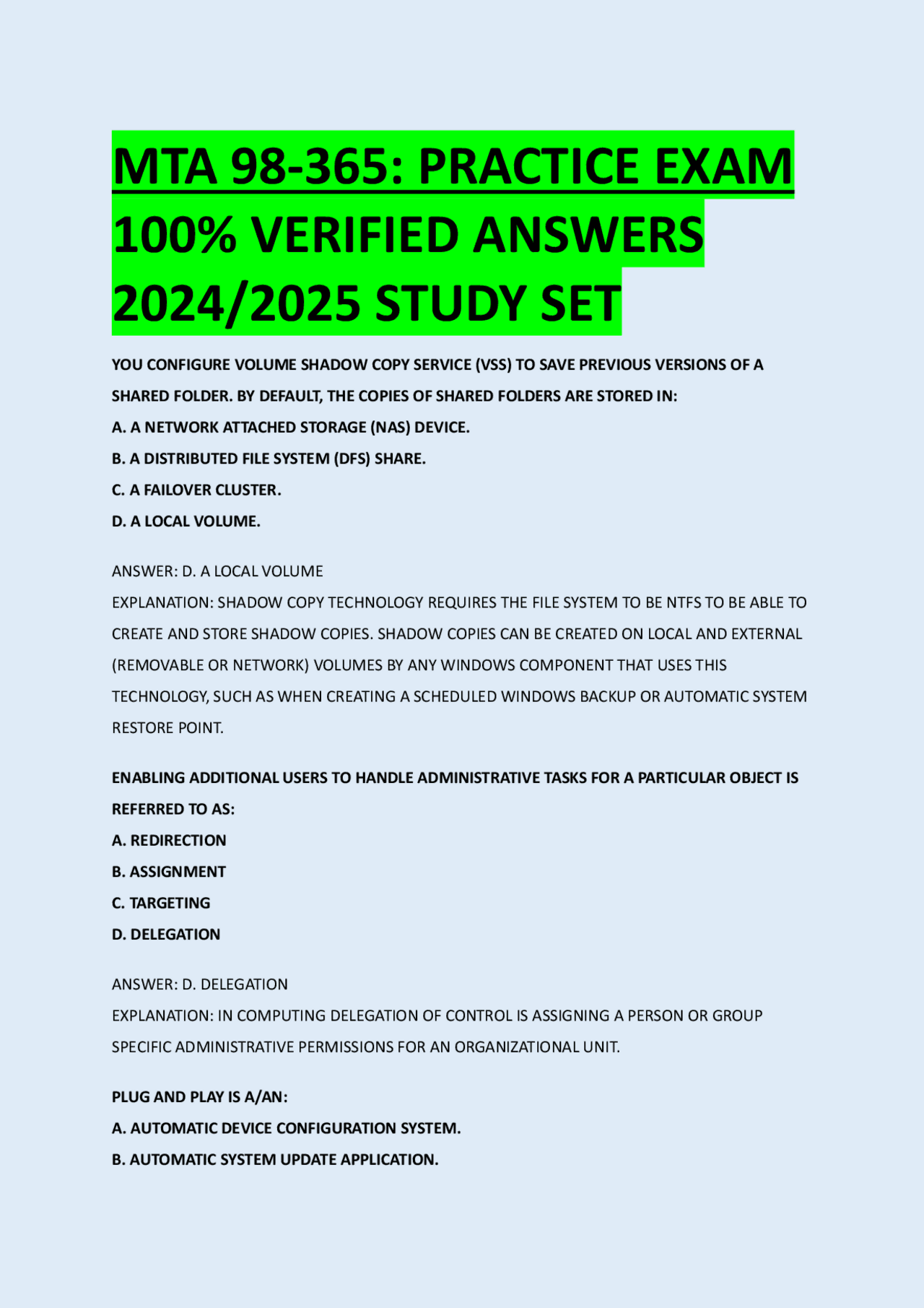 MTA 98-365: PRACTICE EXAM 100% VERIFIED ANSWERS 2024/2025 STUDY SET ...