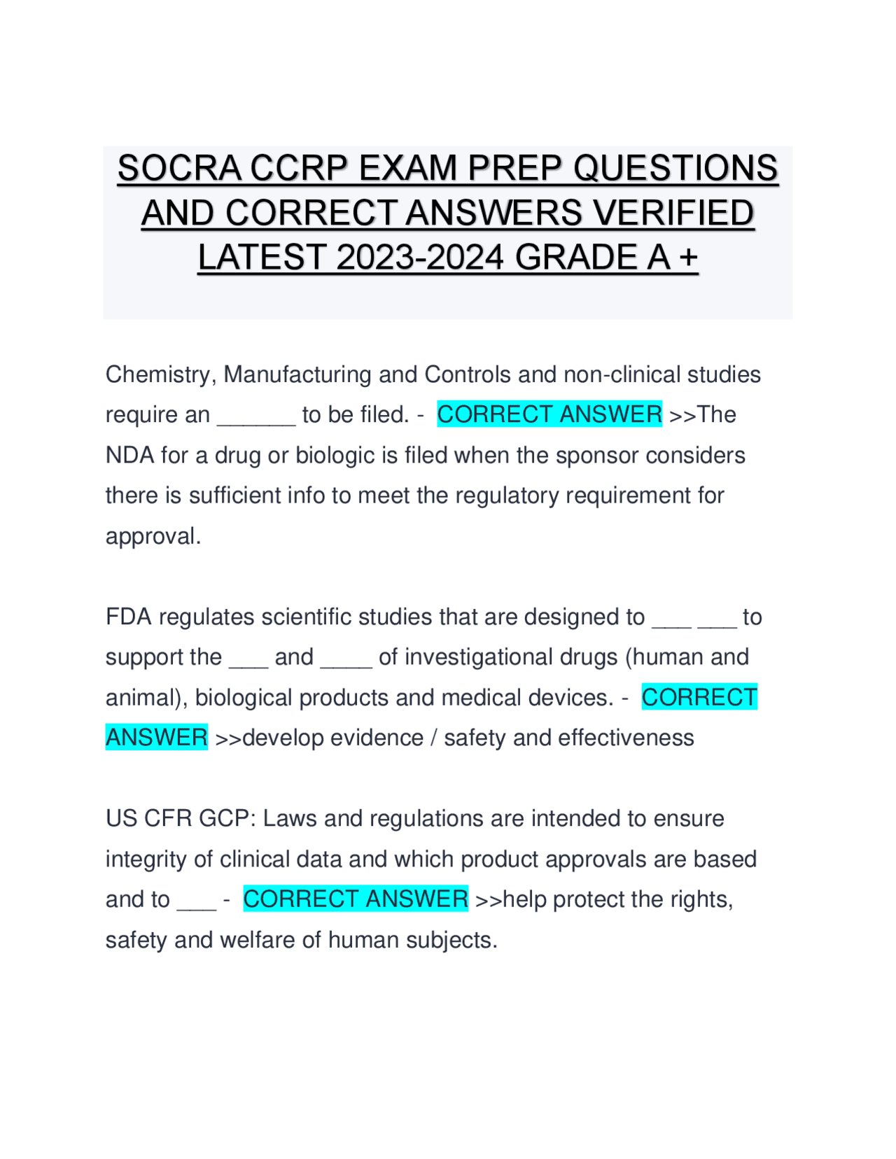 SOCRA CCRP EXAM PREP QUESTIONS AND CORRECT ANSWERS VERIFIED LATEST 2023 ...