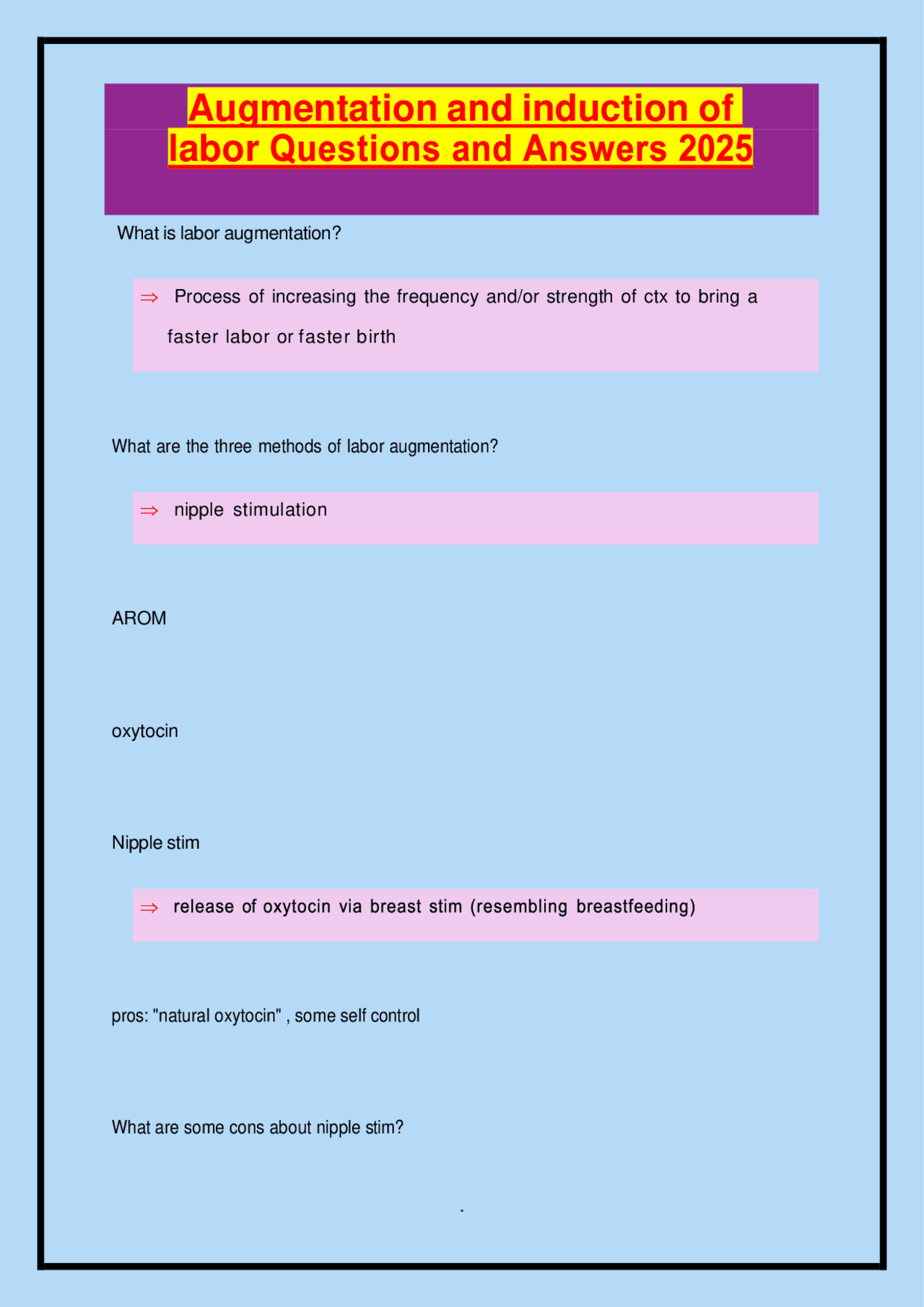 Augmentation and induction of labor Questions and Answers 2025 | Exams ...