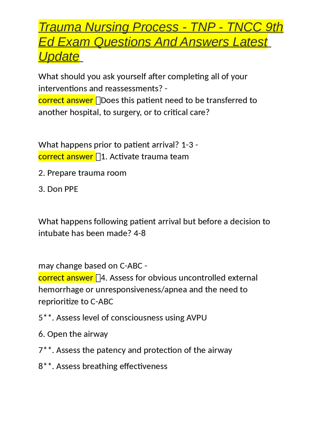 Trauma Nursing Process - TNP - TNCC 9th Ed Exam Questions And Answers ...