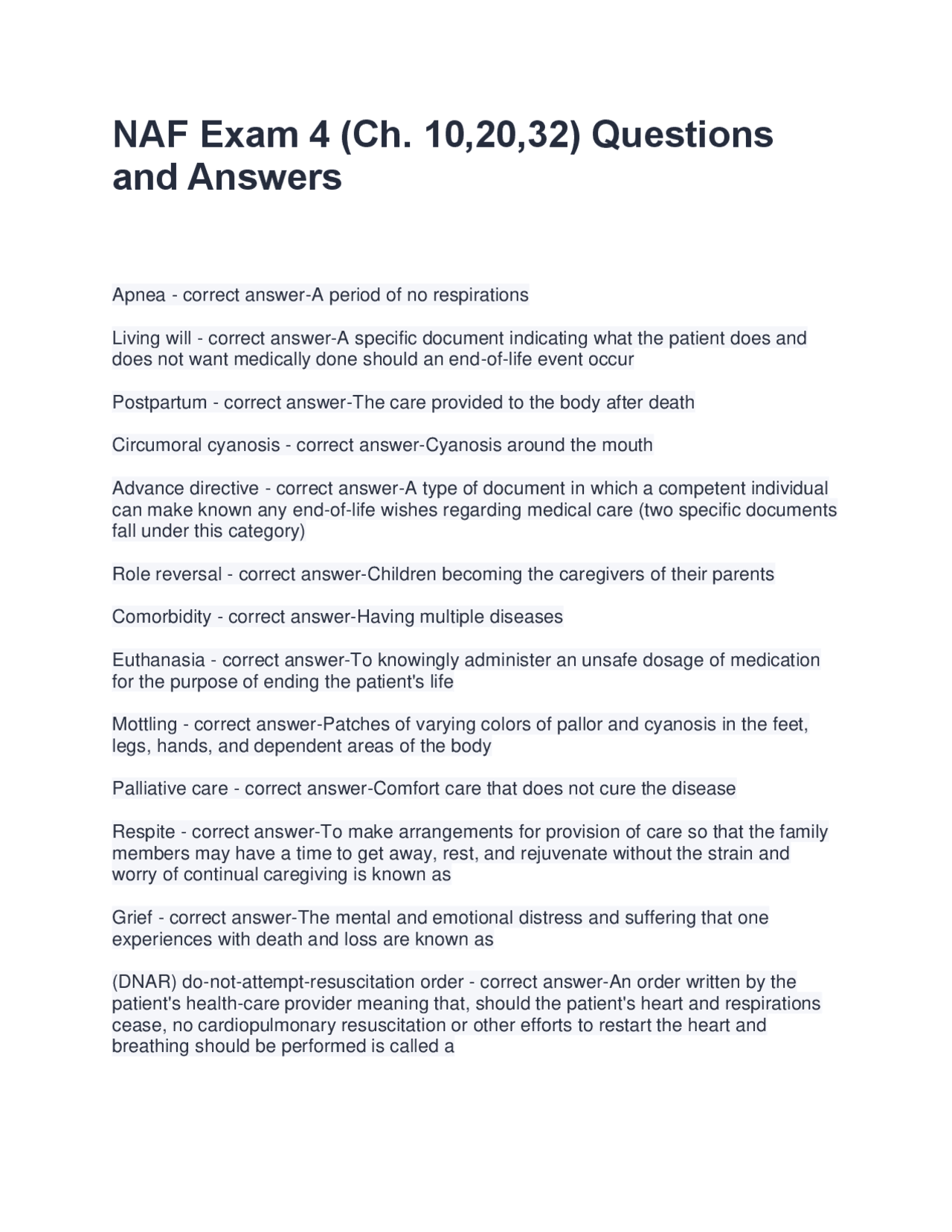 NAF Exam 4 (Ch. 10,20,32) Questions and Answers | Exams Advanced ...