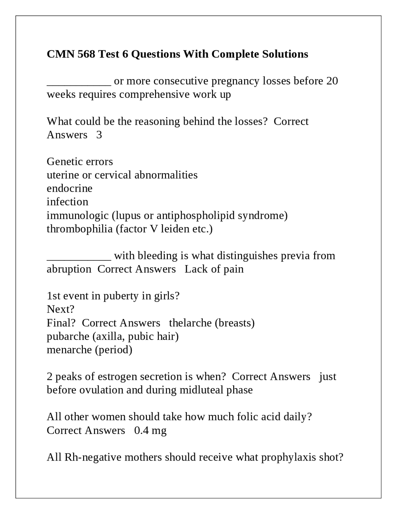 CMN 568 Test 6 Questions With Complete Solutions. | Exams Nursing | Docsity