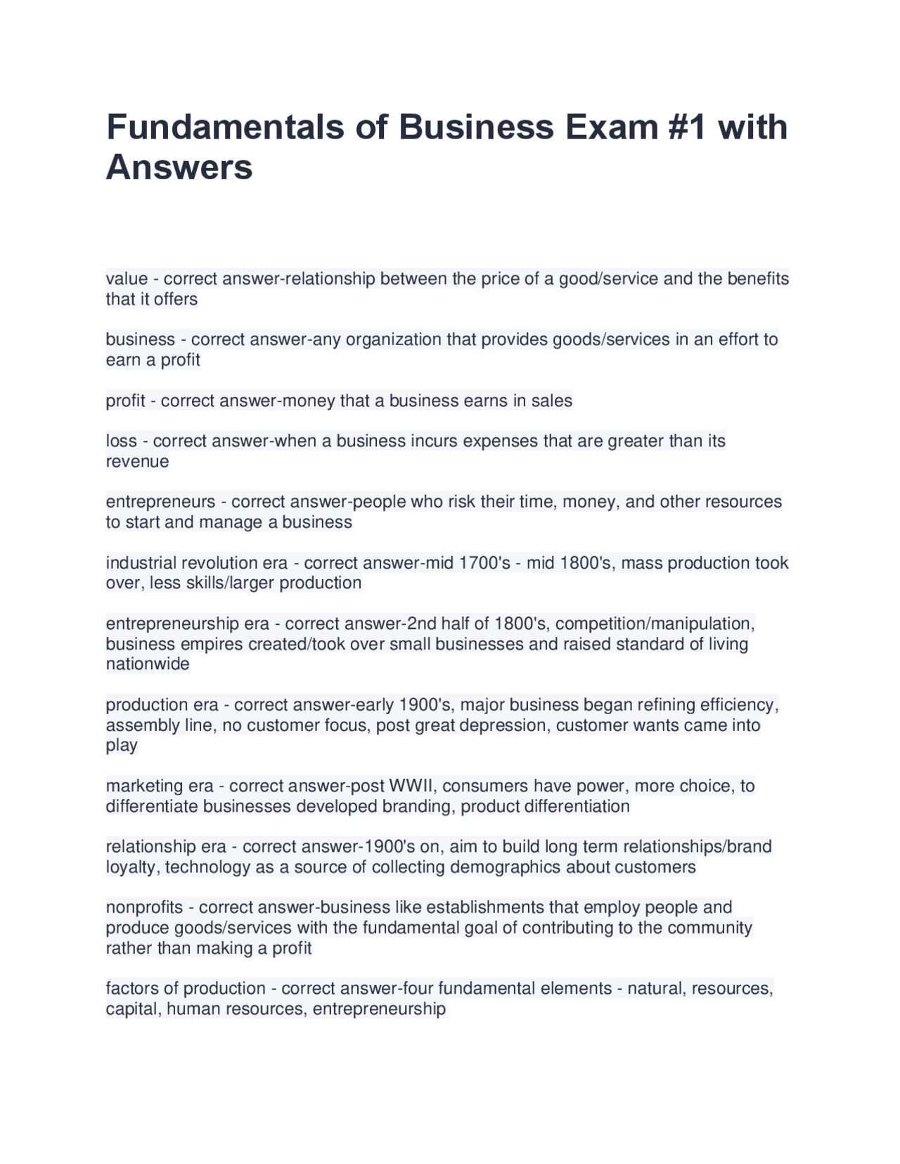 Fundamentals of Business Exam #1 with Answers | Exams Advanced ...