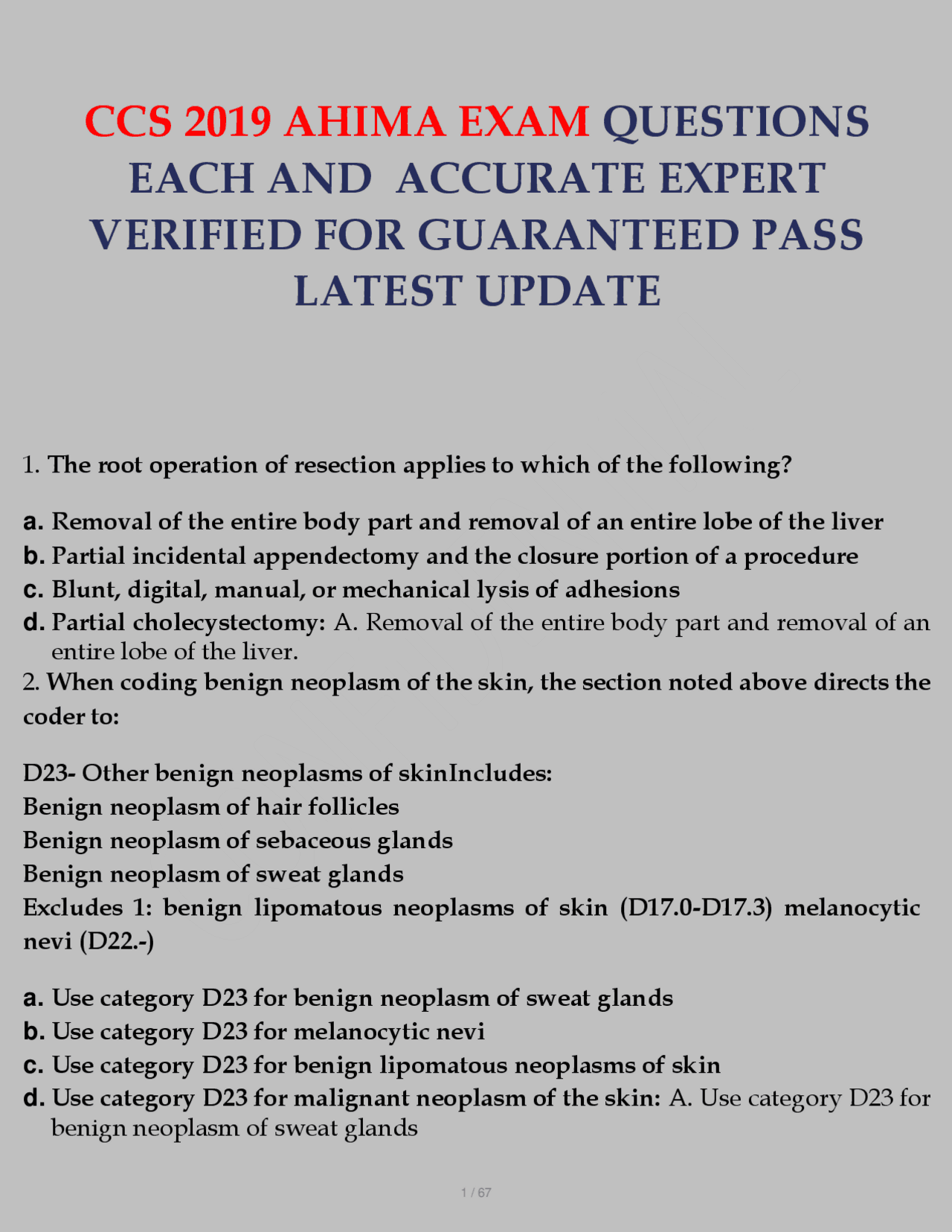 CCS 2019 AHIMA EXAM QUESTIONS EACH AND ACCURATE EXPERT VERIFIED FOR ...