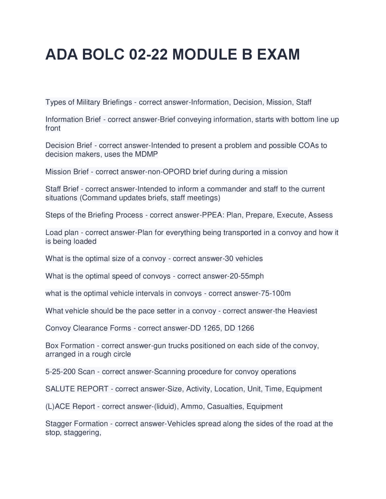 ADA BOLC 02-22 MODULE B EXAM 2025 | Exams Advanced Education | Docsity