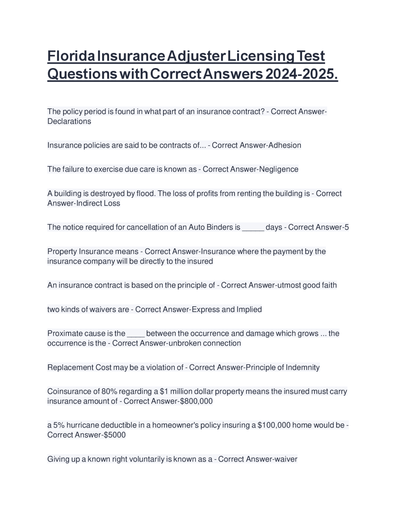 Florida Insurance Adjuster Licensing Test Questions with Correct ...