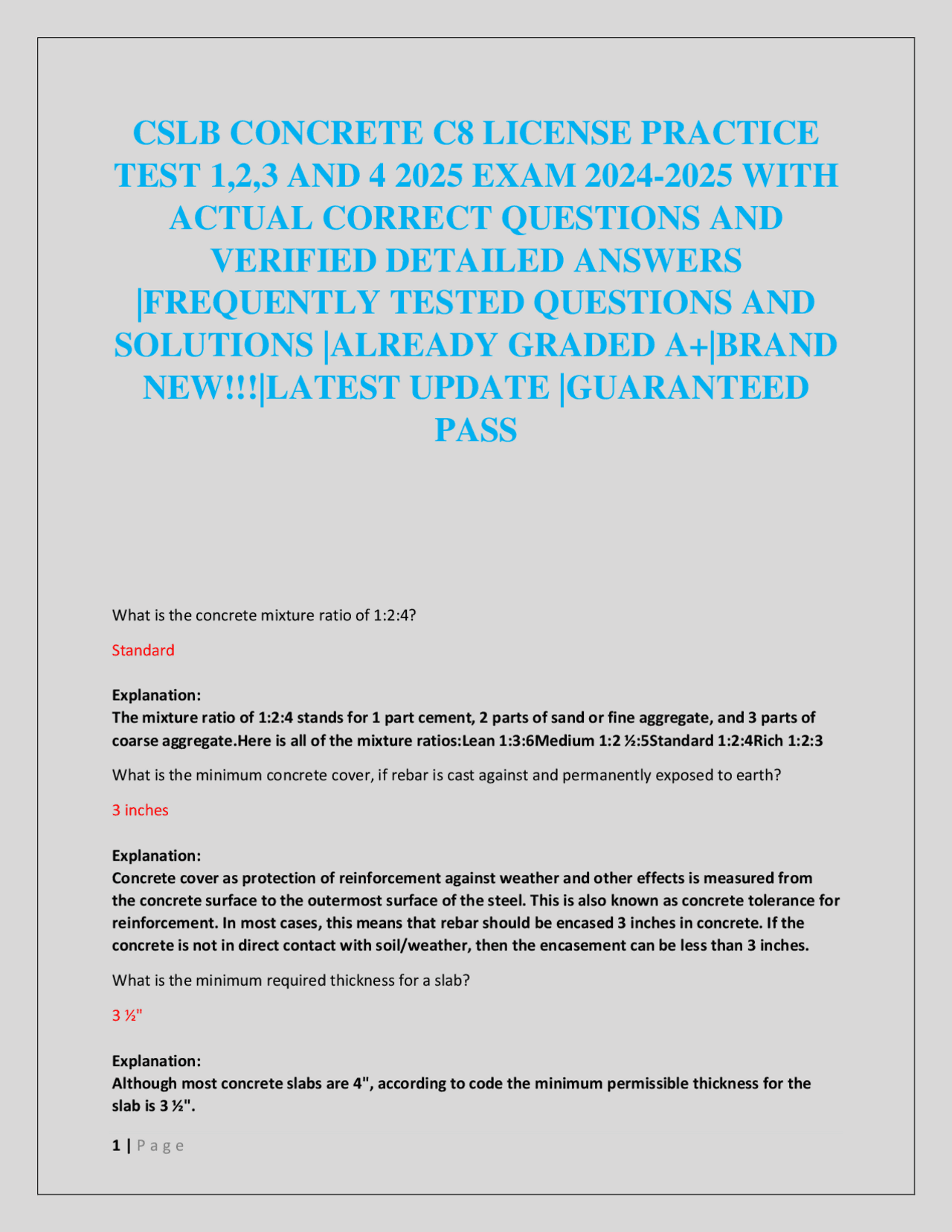 CSLB CONCRETE C8 LICENSE PRACTICE TEST 1,2,3 AND 4 | Exams Construction ...