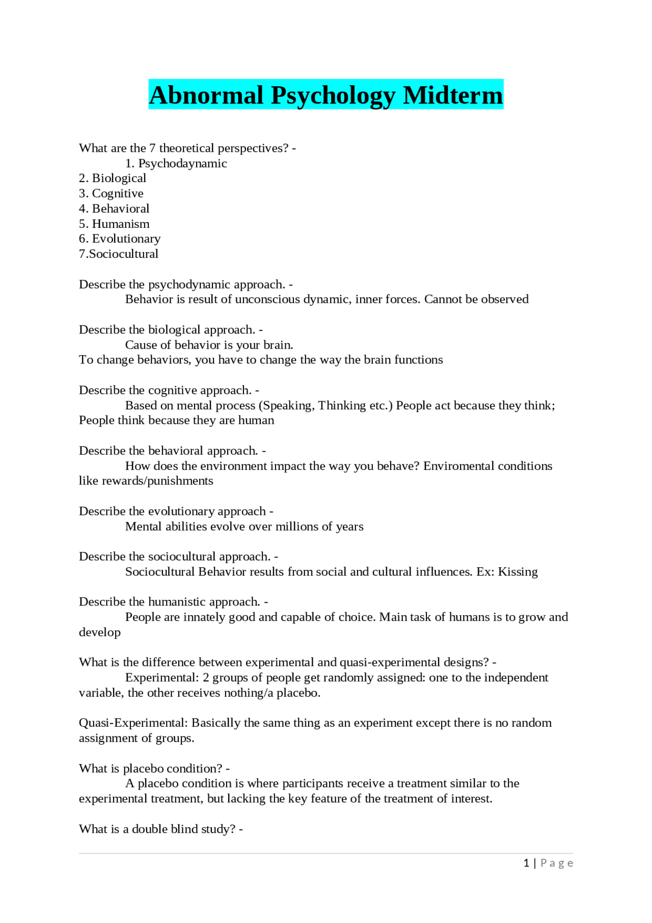 Abnormal Psychology Midterm | Exams Psychology | Docsity