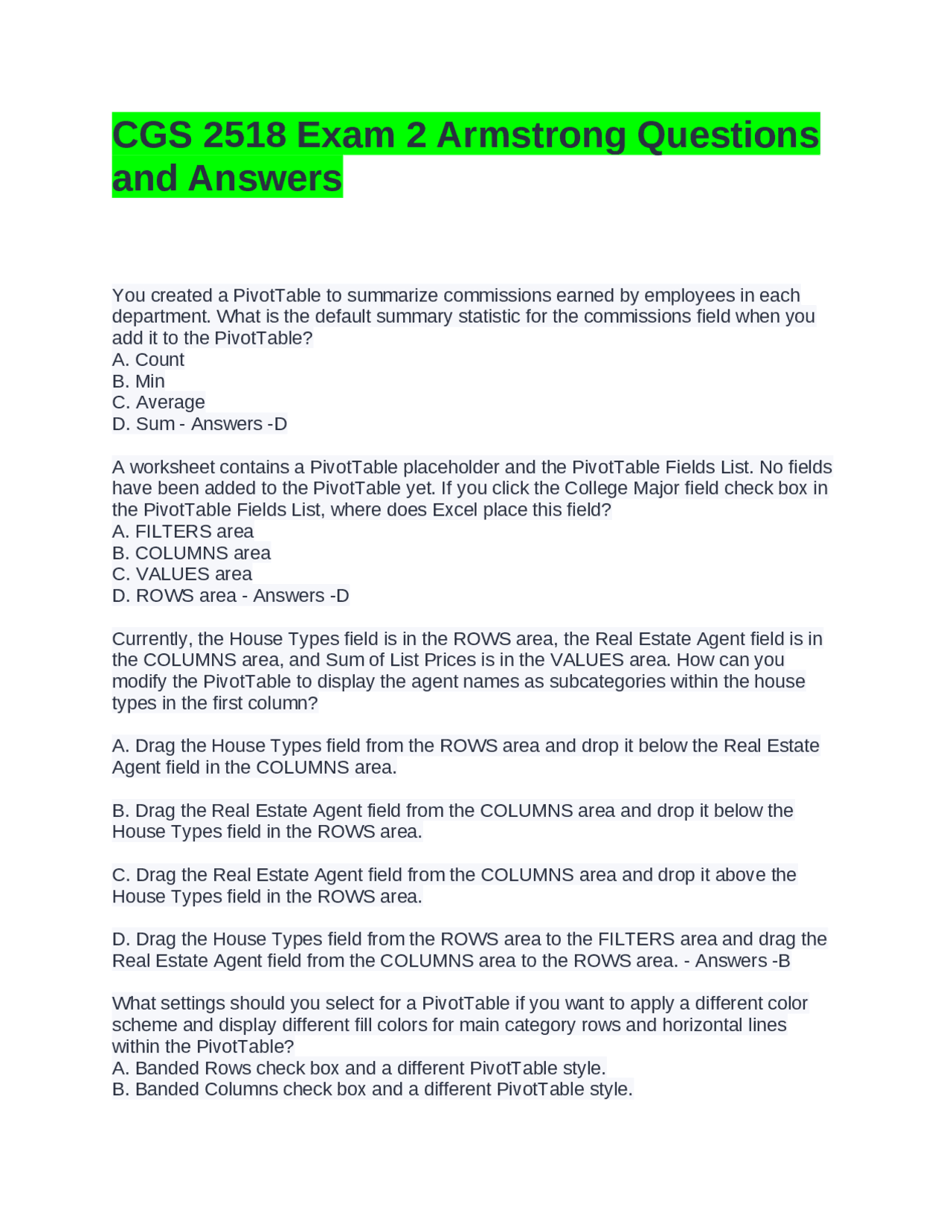 CGS 2518 Exam 2 Armstrong Questions and Answers: Microsoft Excel | Exams Advanced Education ...