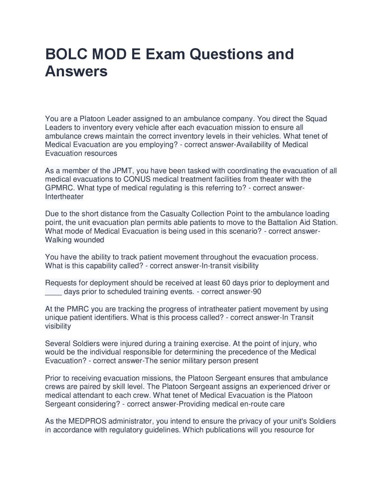 BOLC MOD E Exam Questions and Answers | Exams Advanced Accounting | Docsity