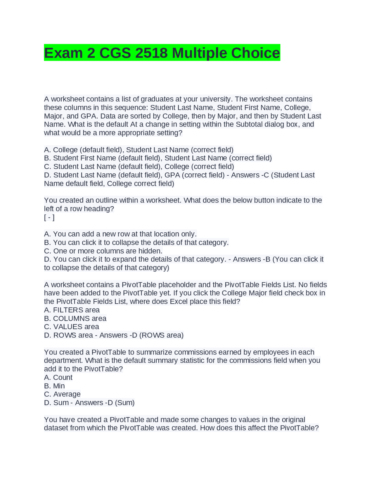 Exam 2 CGS 2518 Multiple Choice (Graded A) 2025 | Exams Advanced ...