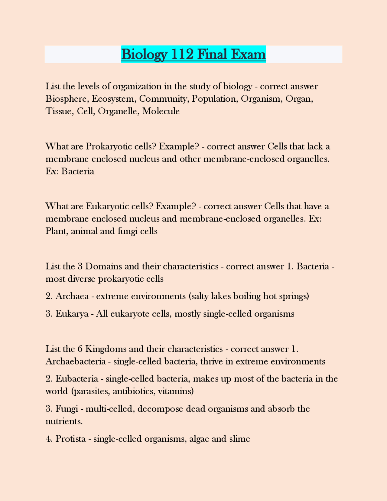 Biology 112 Final Exam Questions answers latest update | Exams Biology ...