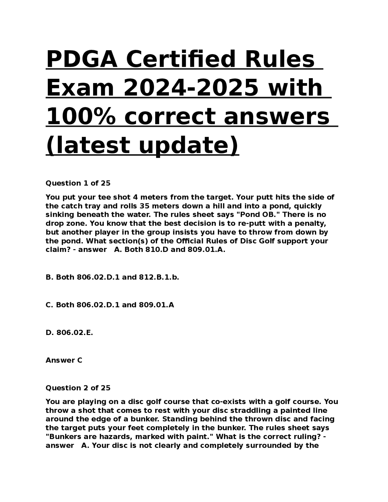 PDGA Certified Rules Exam 2024-2025 with 100% correct answers (latest ...