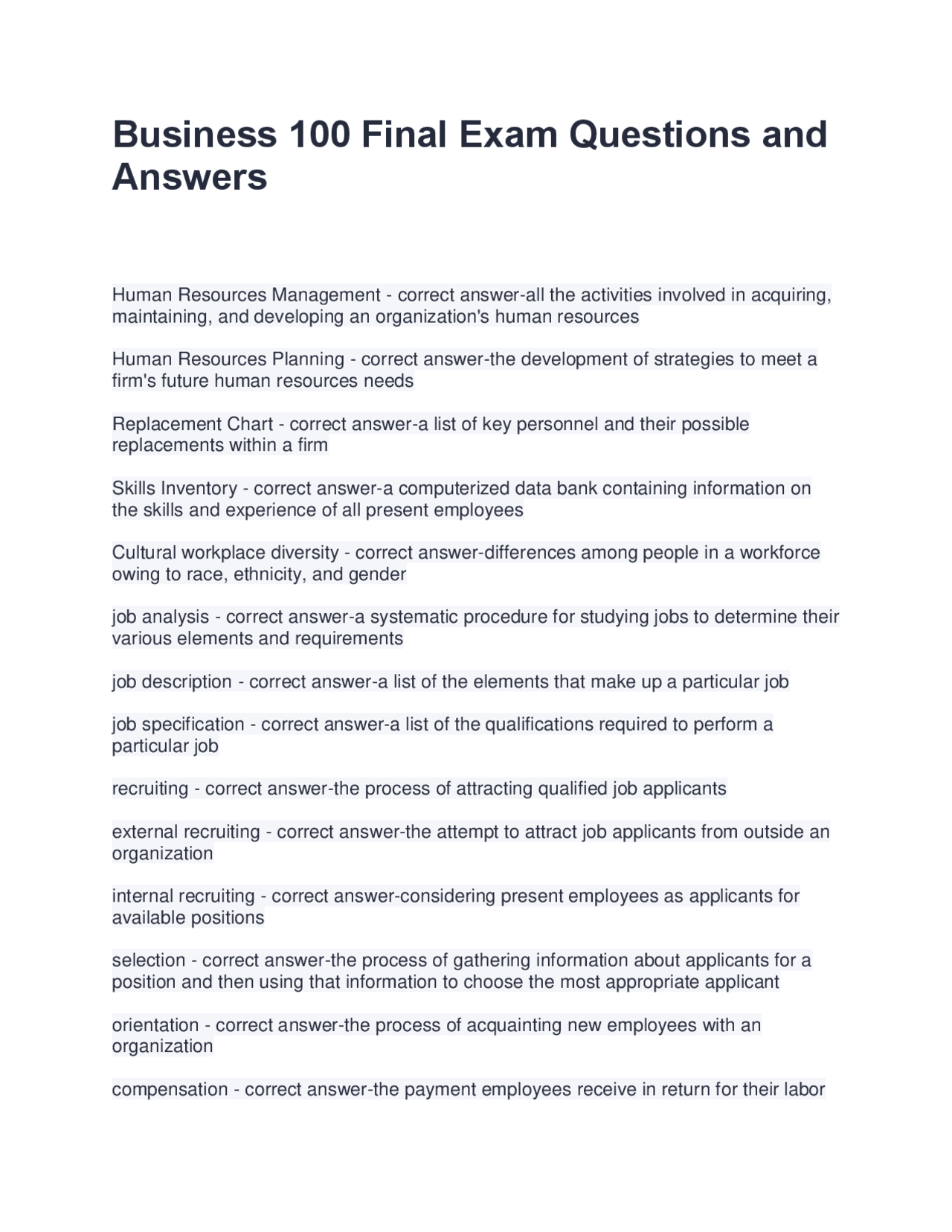 Business 100 Final Exam Questions and Answers | Exams Advanced ...