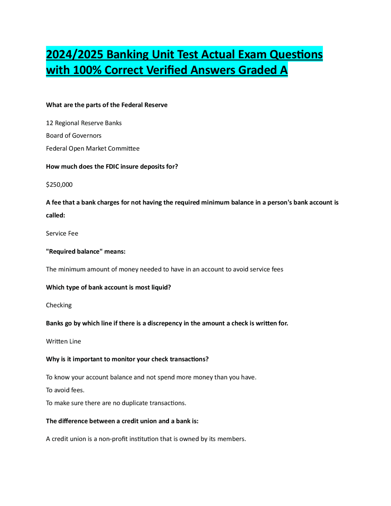 2024/2025 Banking Unit Test Actual Exam Questions with 100% Correct ...