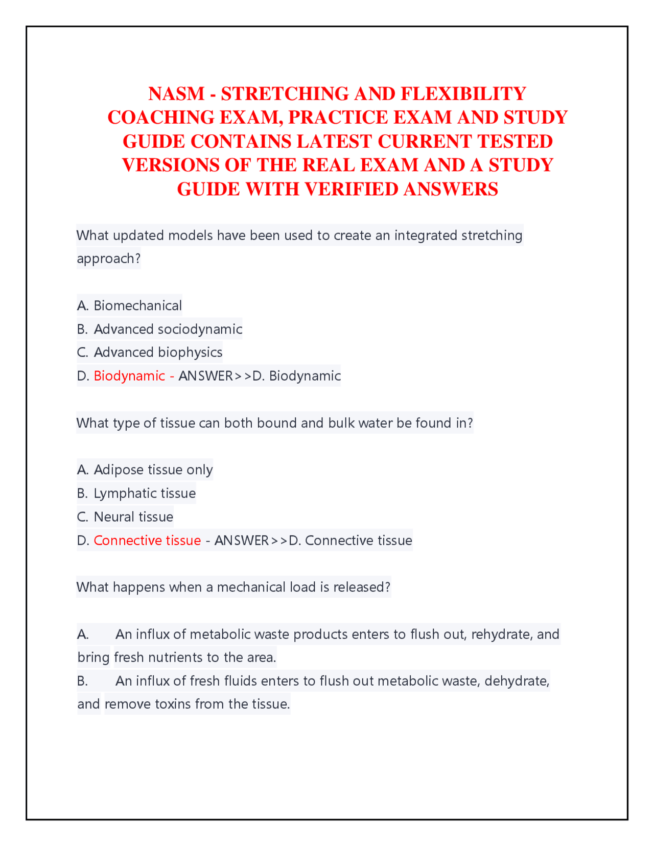 NASM - STRETCHING AND FLEXIBILITY COACHING EXAM, PRACTICE EXAM AND ...
