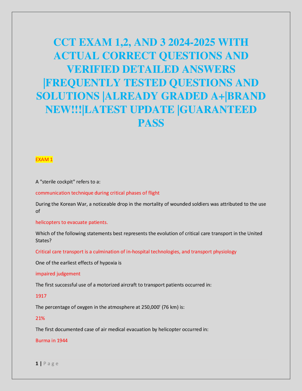 CCT EXAM 1,2, AND 3 2024-2025 | Exams Nursing | Docsity