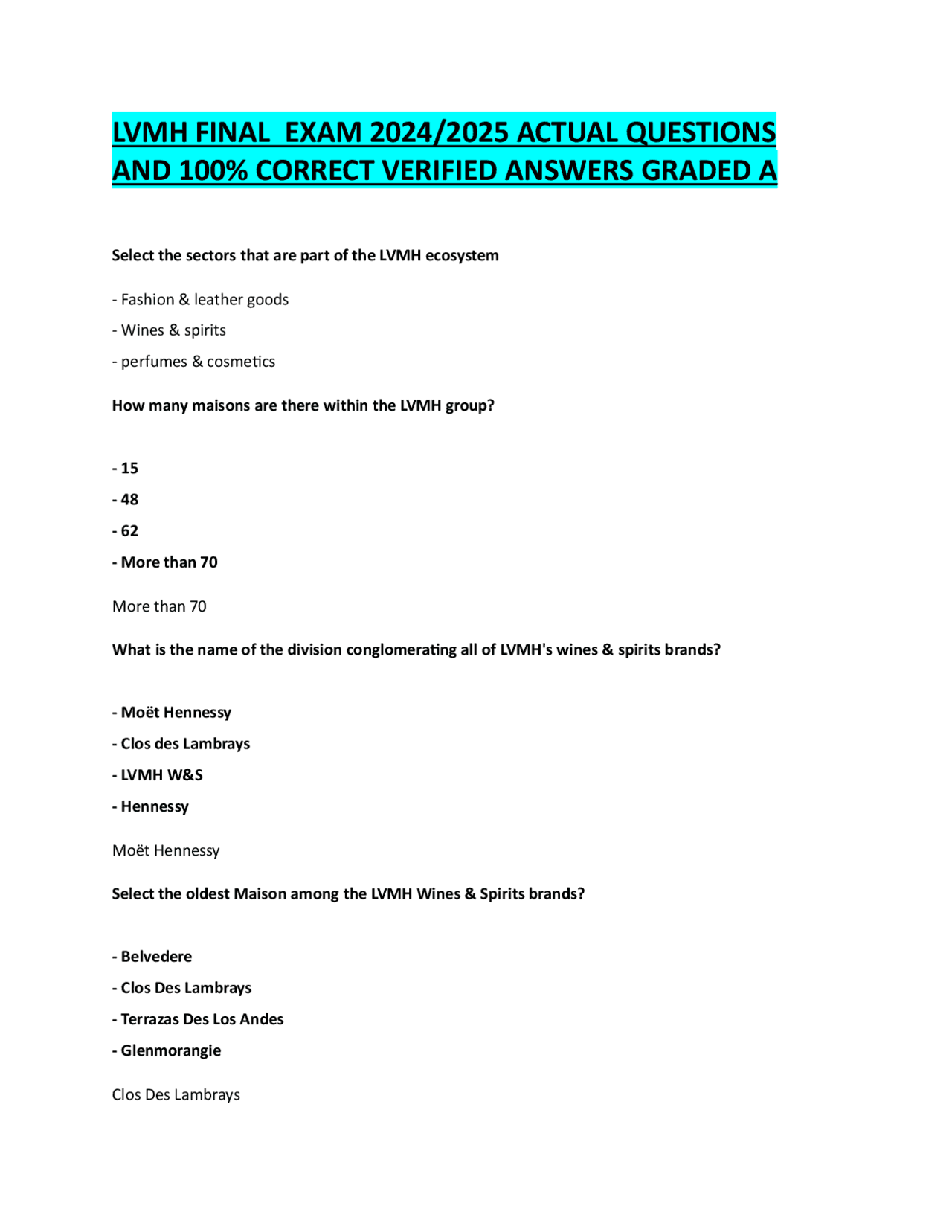 LVMH FINAL EXAM 2024/2025 ACTUAL QUESTIONS AND 100% CORRECT VERIFIED ANSWERS GRADED A | Exams ...
