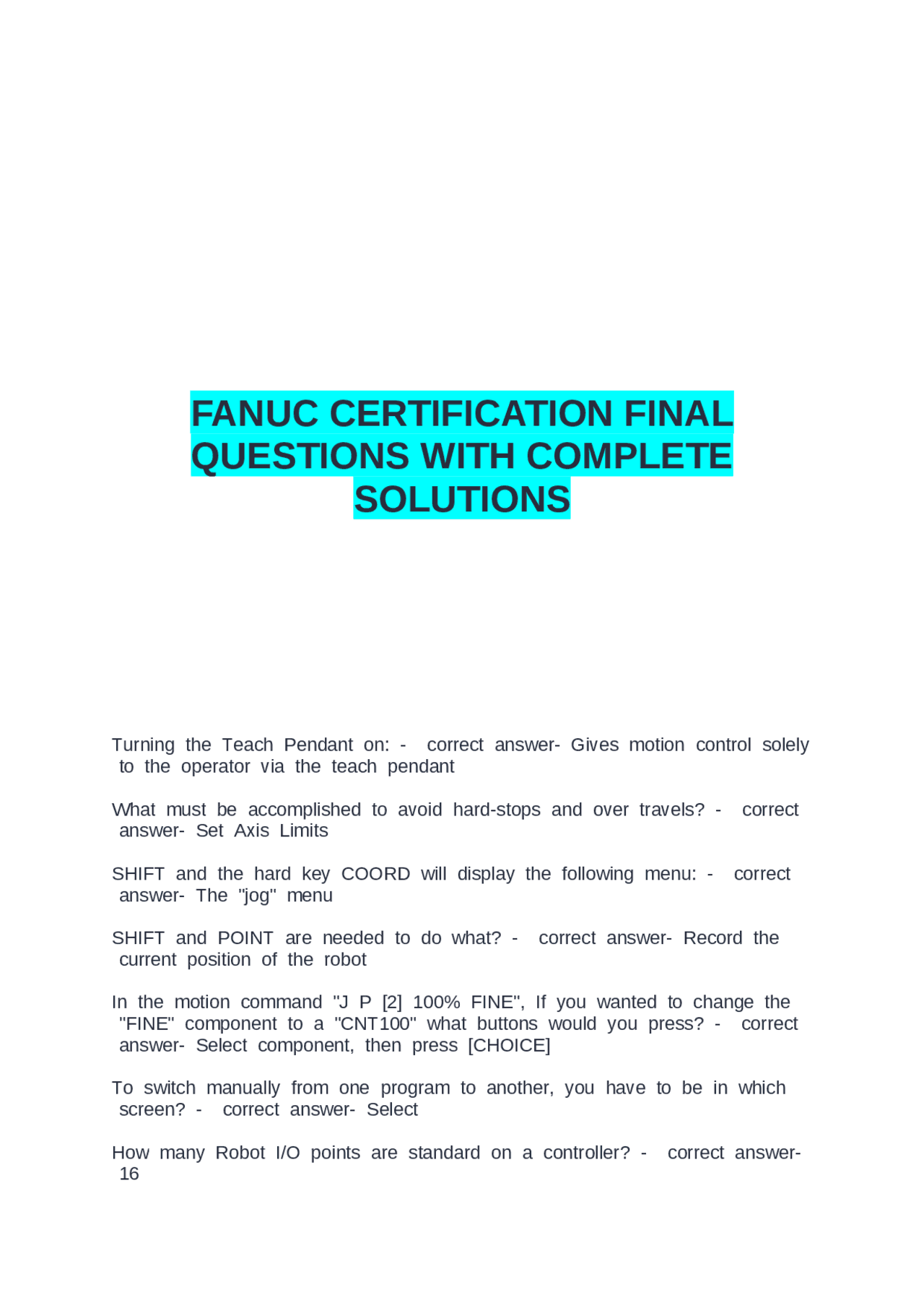 FANUC CERTIFICATION FINAL QUESTIONS WITH COMPLETESOLUTIONS | Exams ...