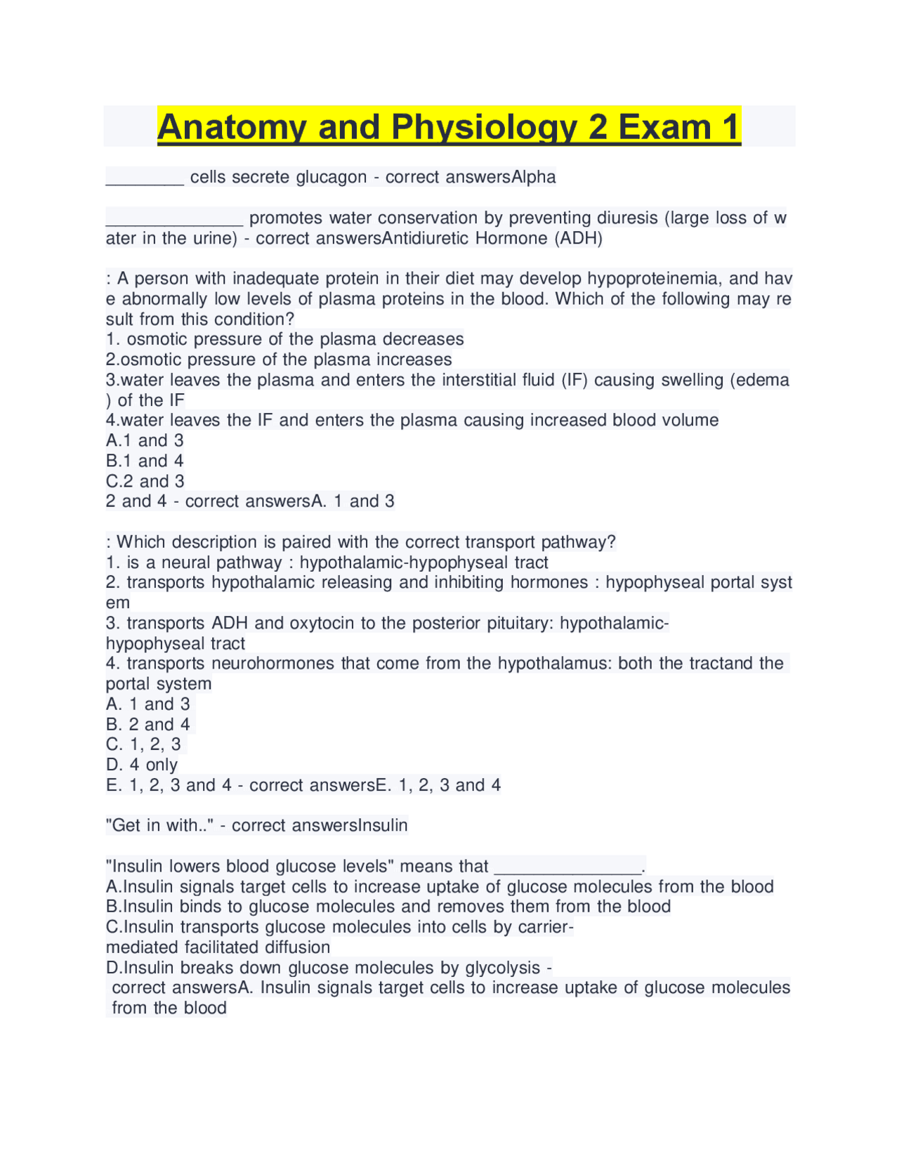 Anatomy and Physiology 2 Exam 1 | Exams Advanced Education | Docsity