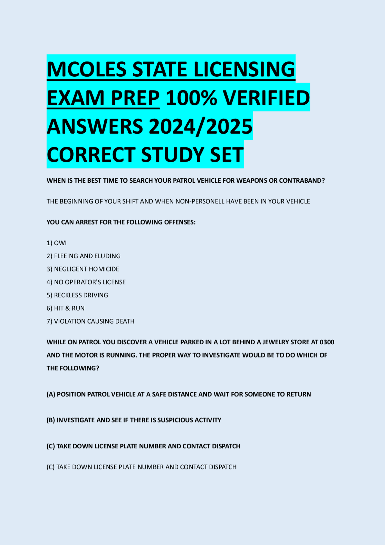 MCOLES STATE LICENSING EXAM PREP 100% VERIFIED ANSWERS 2024/2025 ...