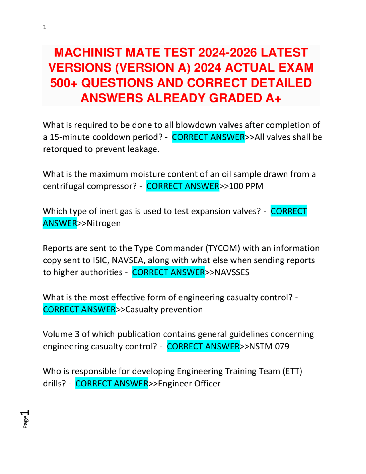 MACHINIST MATE TEST 2024-2026 LATEST VERSIONS (VERSION A) 2024 ACTUAL ...