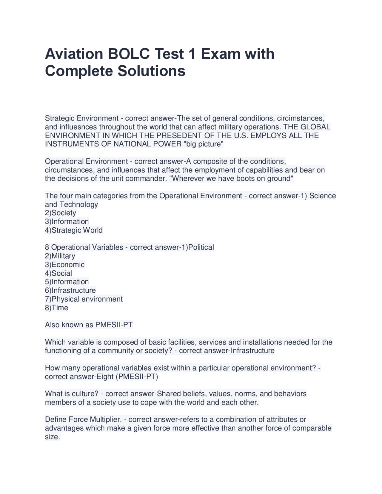 Aviation BOLC Test 1: Strategic, Operational, and Intelligence | Exams ...