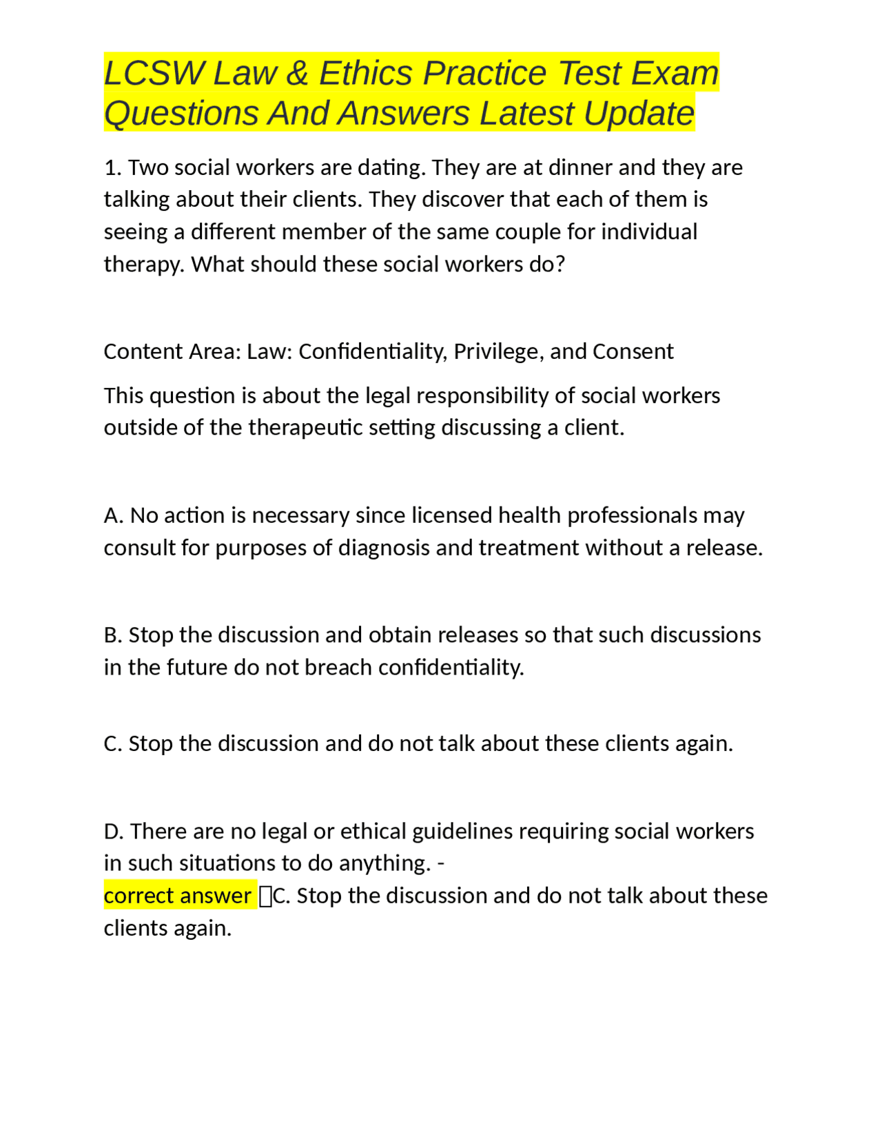 LCSW Law & Ethics Practice Test Exam Questions And Answers Latest ...