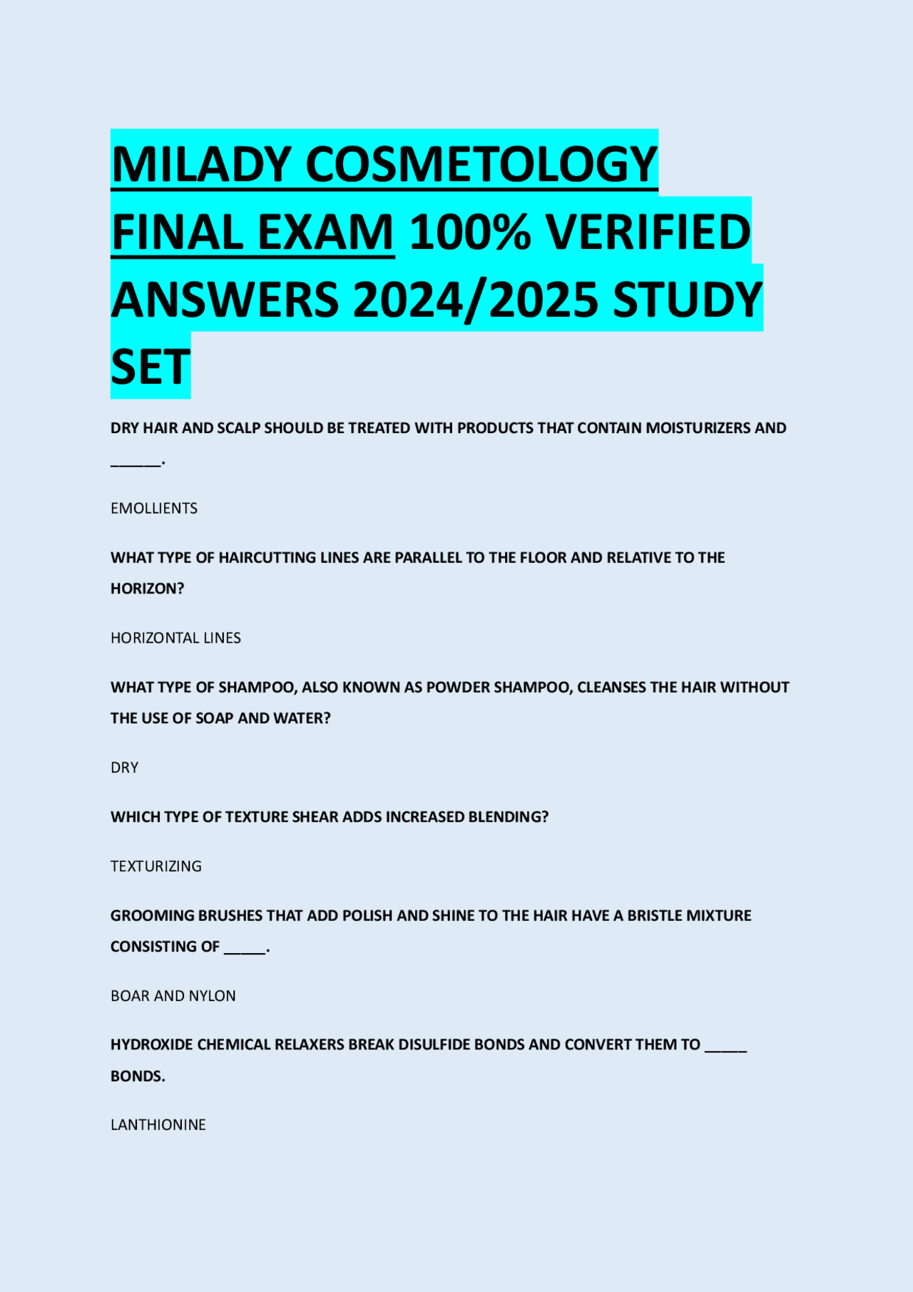 MILADY COSMETOLOGY FINAL EXAM 100% VERIFIED ANSWERS 2024/2025 STUDY SET ...