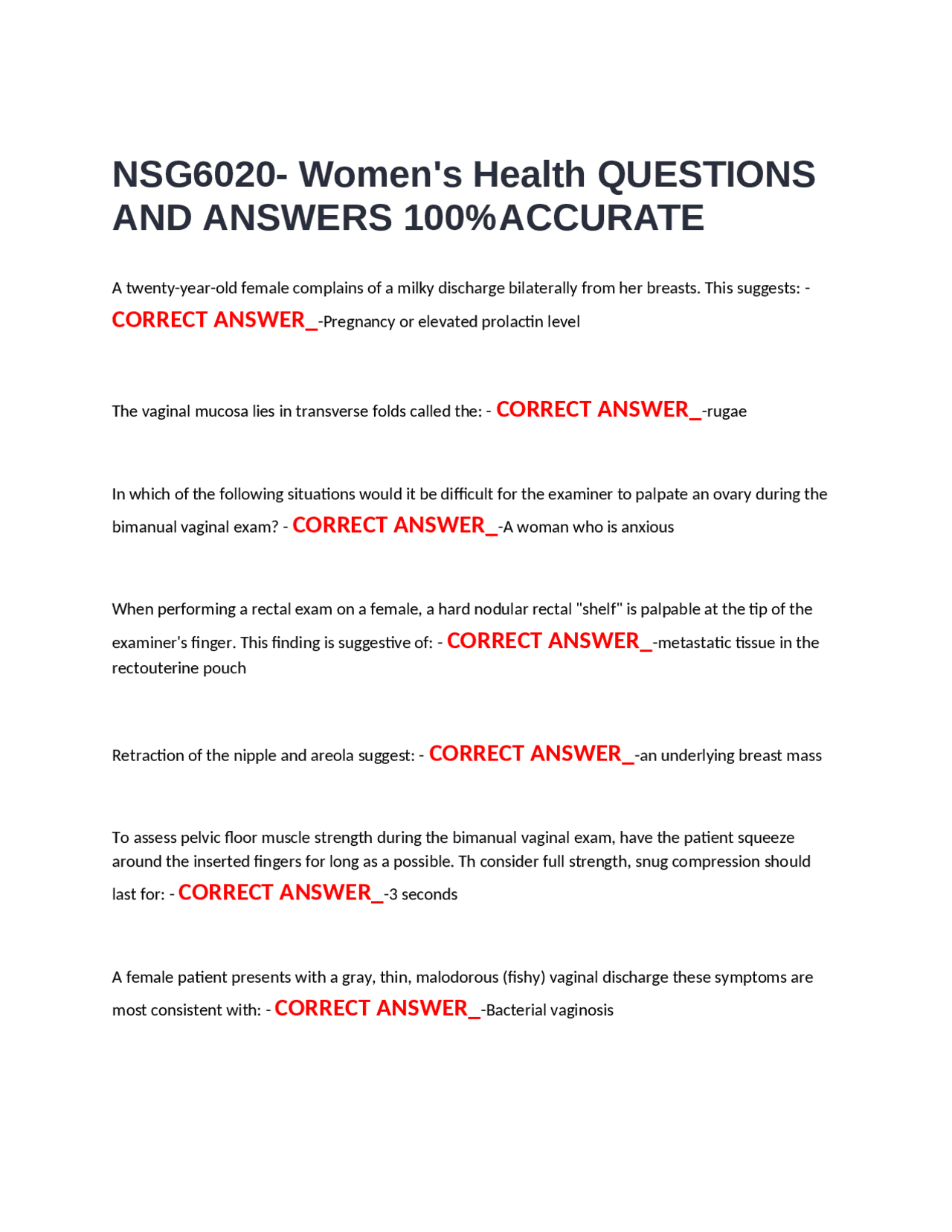 NSG6020- Women's Health QUESTIONS AND ANSWERS 100%ACCURATE | Exams ...