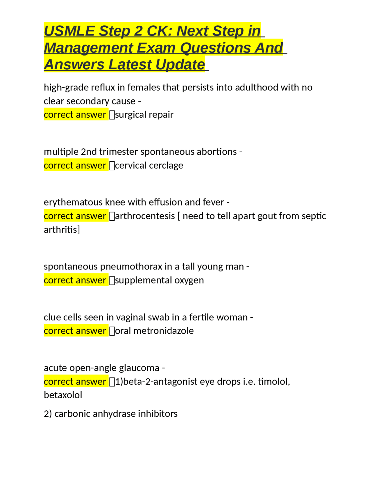 USMLE Step 2 CK: Next Step in Management Exam Questions and Answers ...