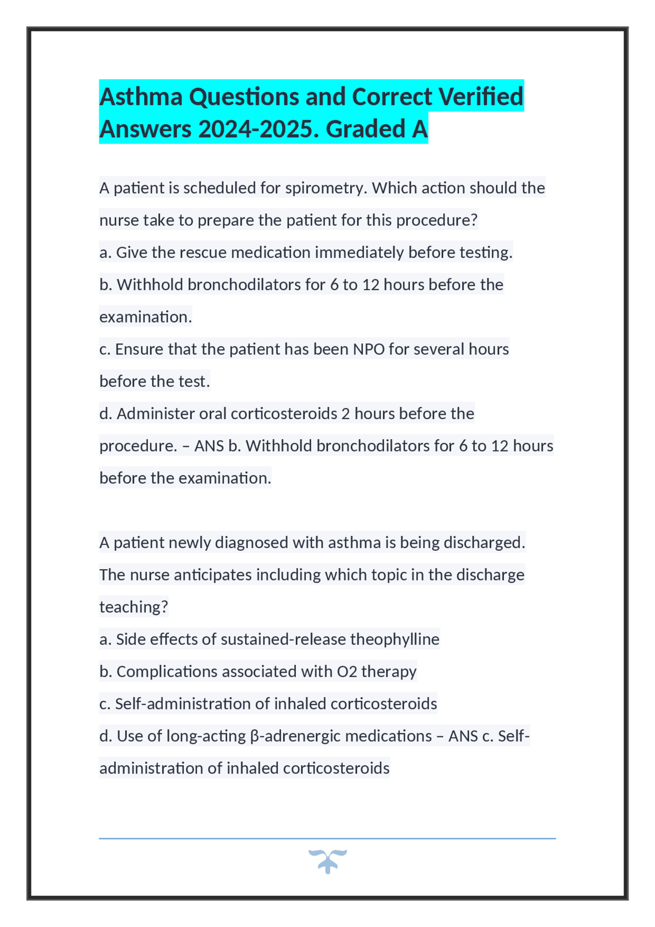 Asthma Multiple Choice Questions and Answers | Exams Health sciences ...