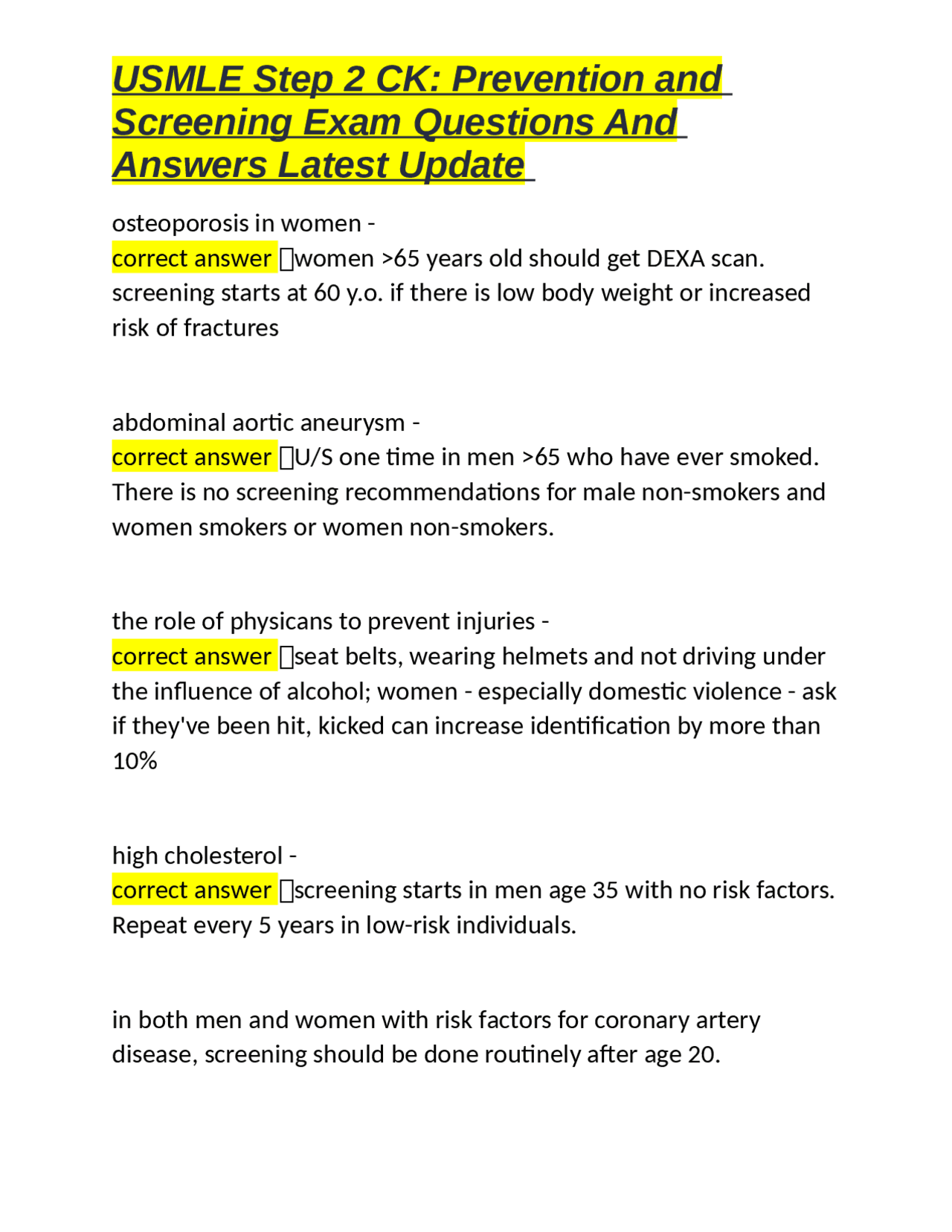 USMLE Step 2 CK: Prevention and Screening Exam Questions and Answers ...