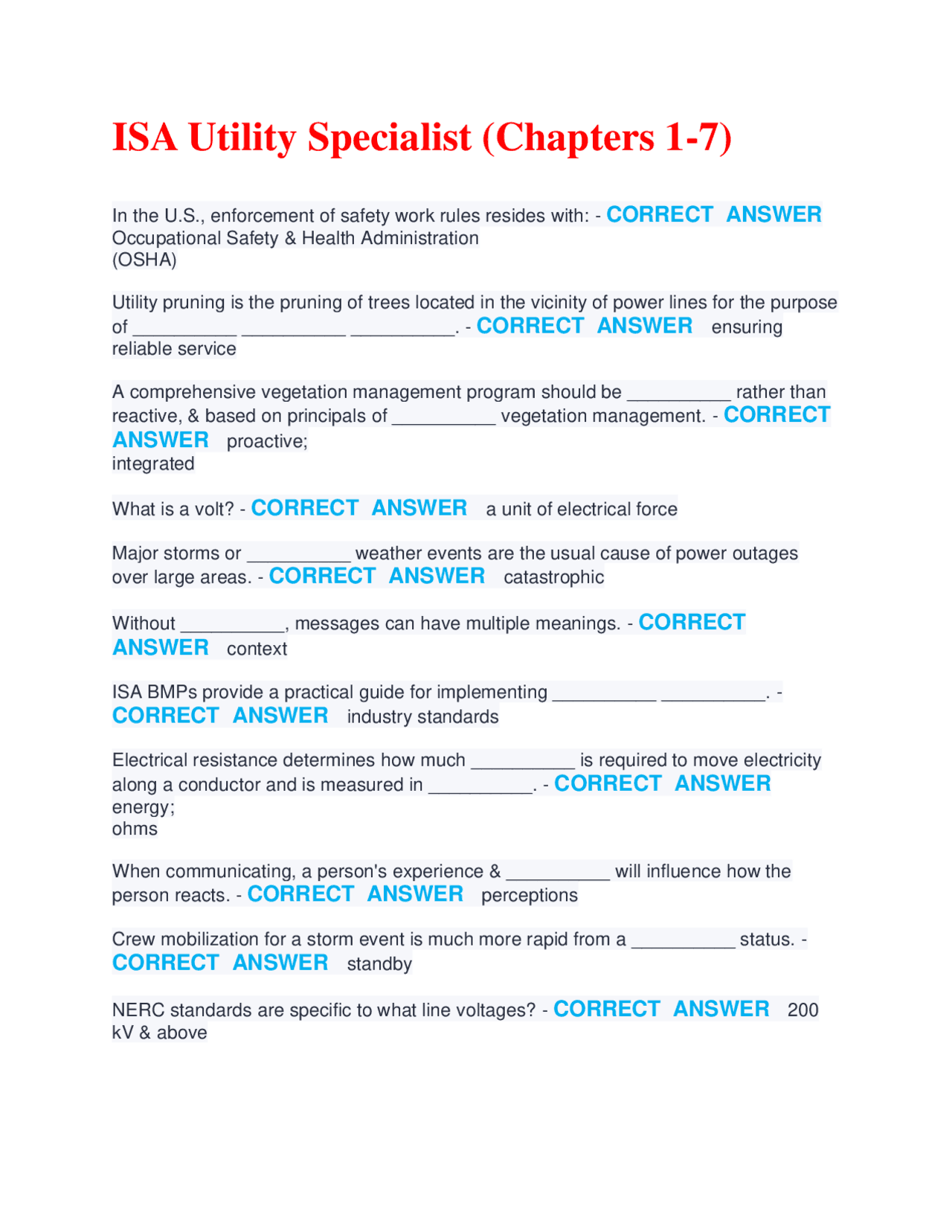 ISA Utility Specialist (Chapters 1-7): Questions and Answers | Exams ...