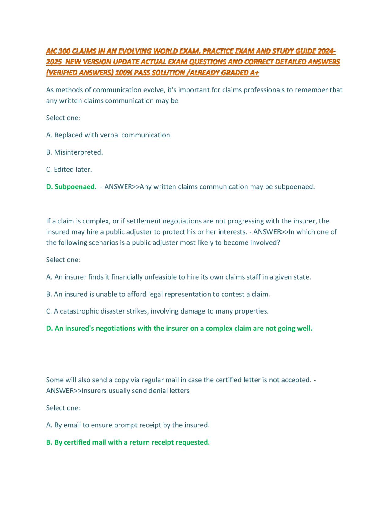 Insurance Claims Handling: Multiple Choice Questions and Answers ...