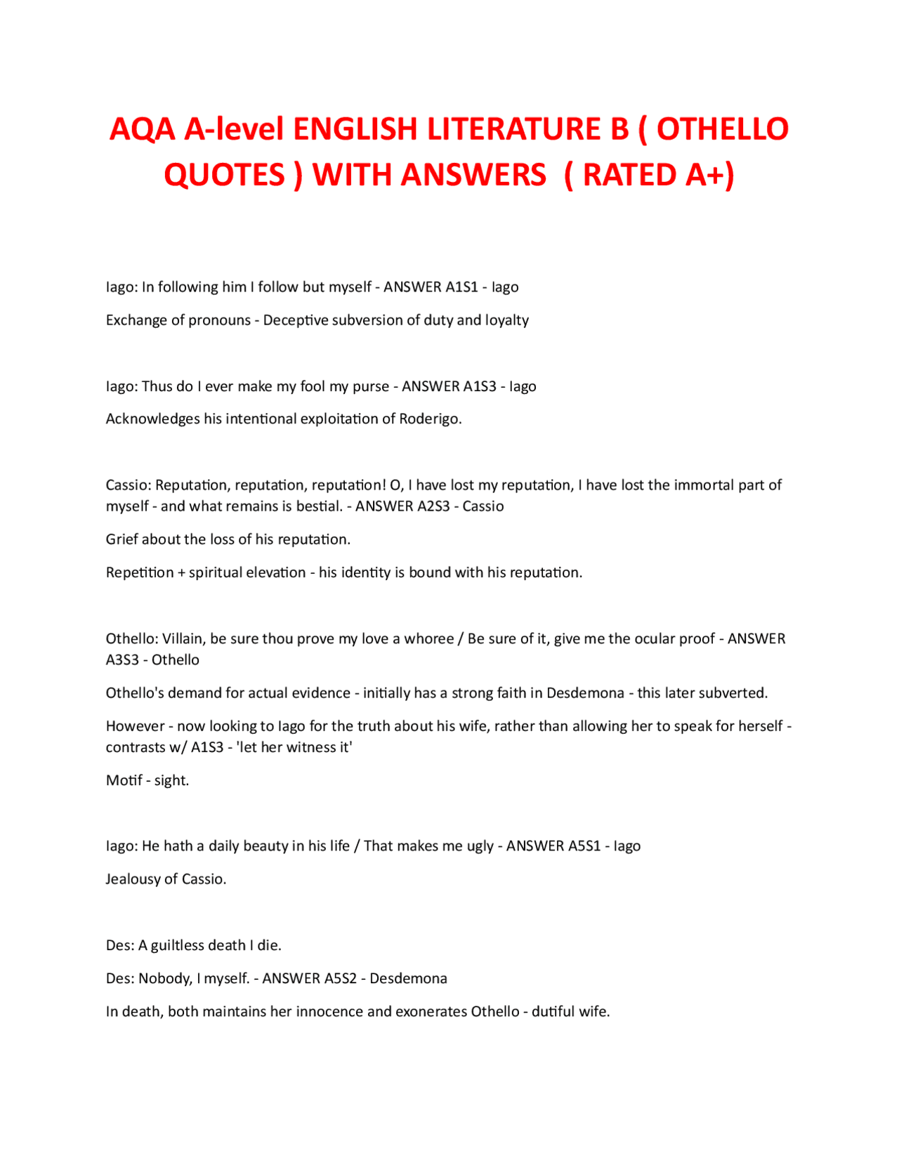 AQA A-level English Literature B (Othello Quotes) with Answers | Exams ...