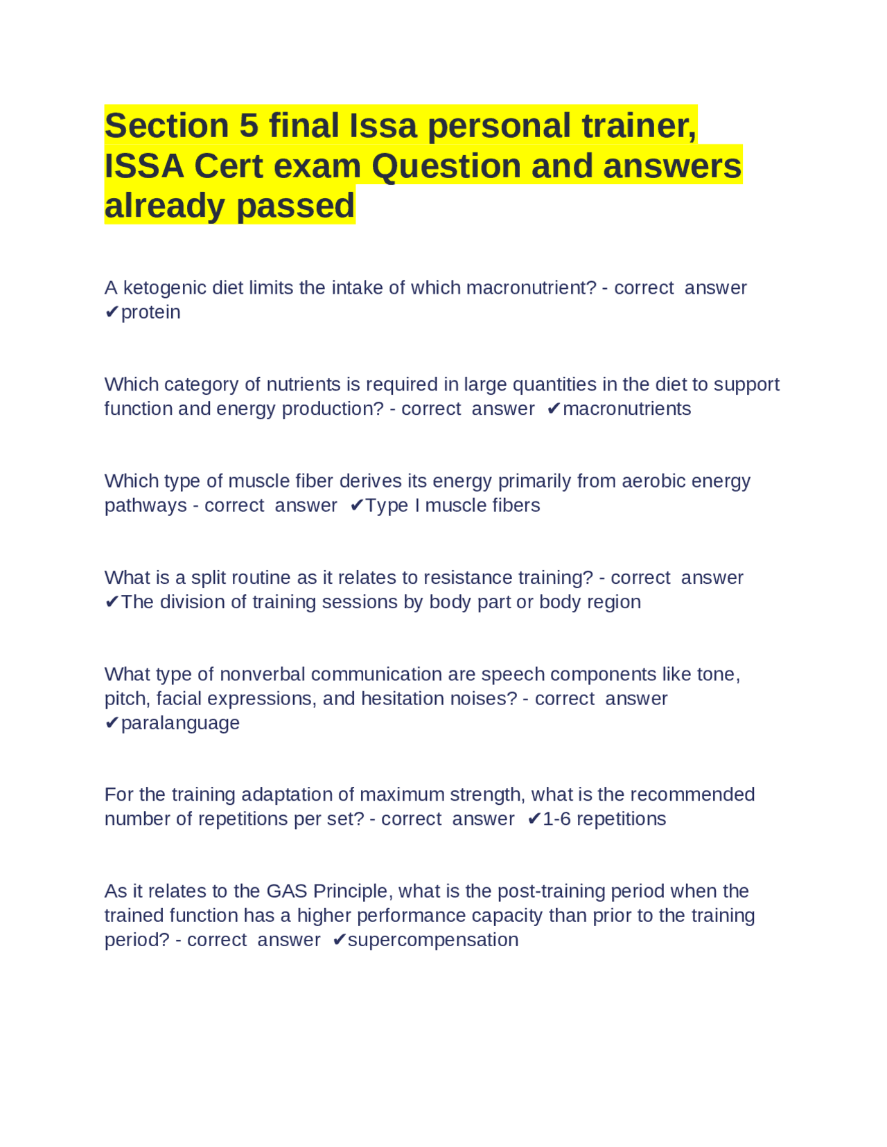 Section 5 final Issa personal trainer Question and answers verified to pass | Exams Nursing ...