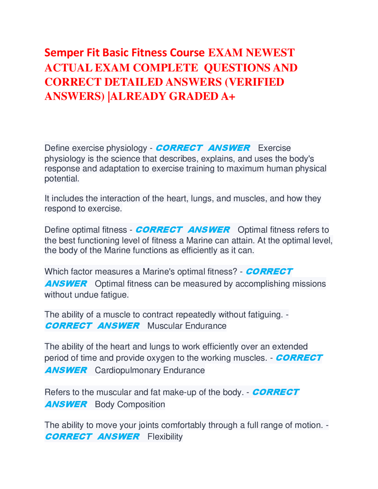 Semper Fit Basic Fitness Course Exam: Questions and Answers | Exams ...