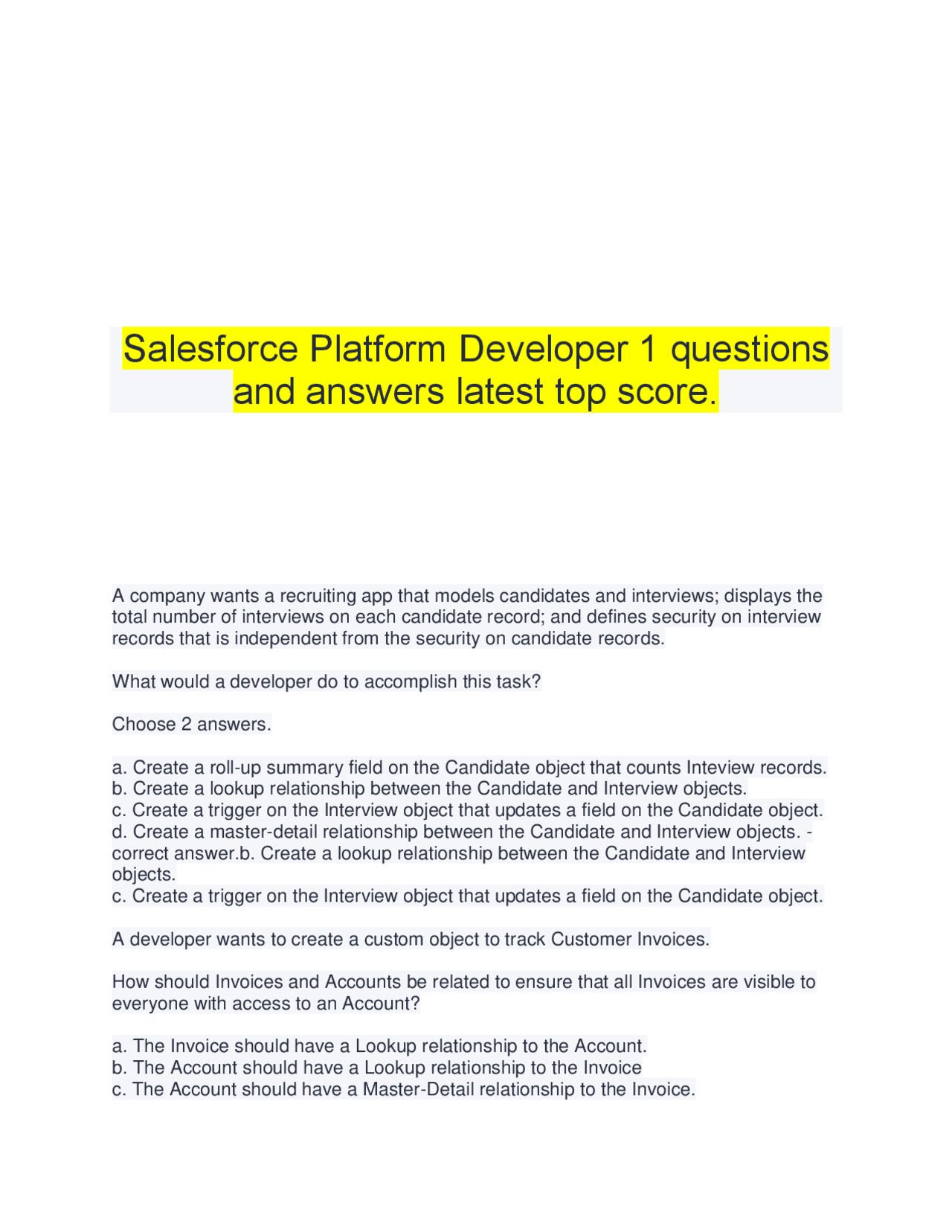 Salesforce Platform Developer 1 Exam Questions And Answers Exams Topography Docsity