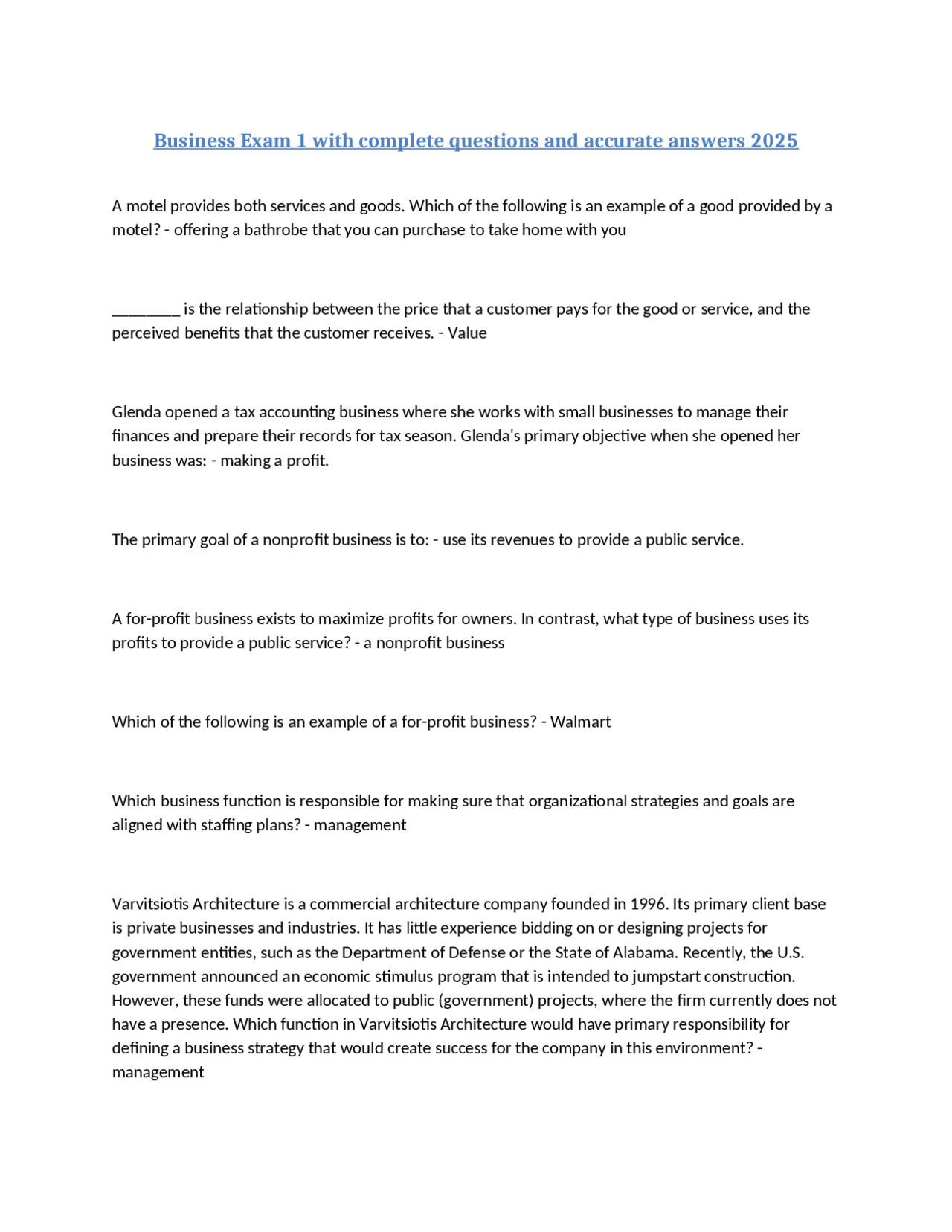 Business Exam 1: Multiple Choice Questions and Answers | Exams Advanced ...