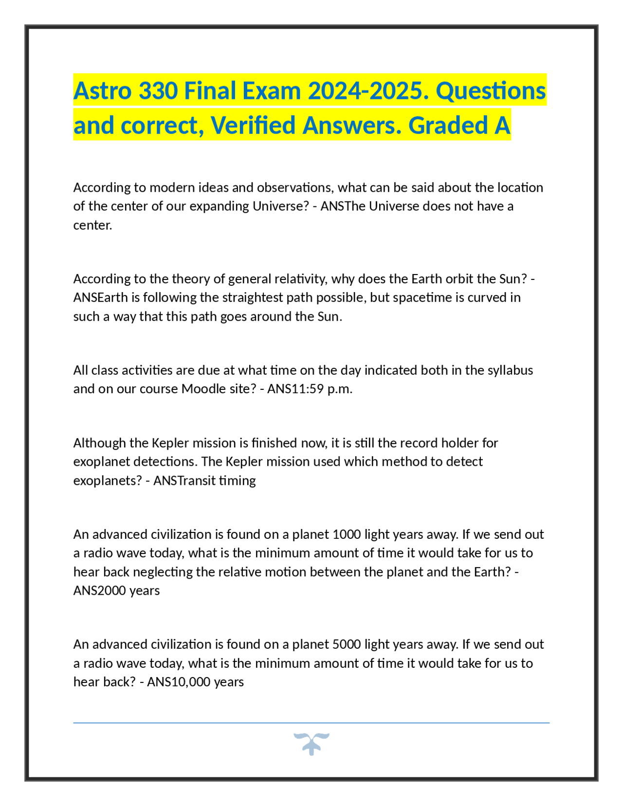 Astro 330 Final Exam 2024-2025. Questions and correct, Verified Answers ...