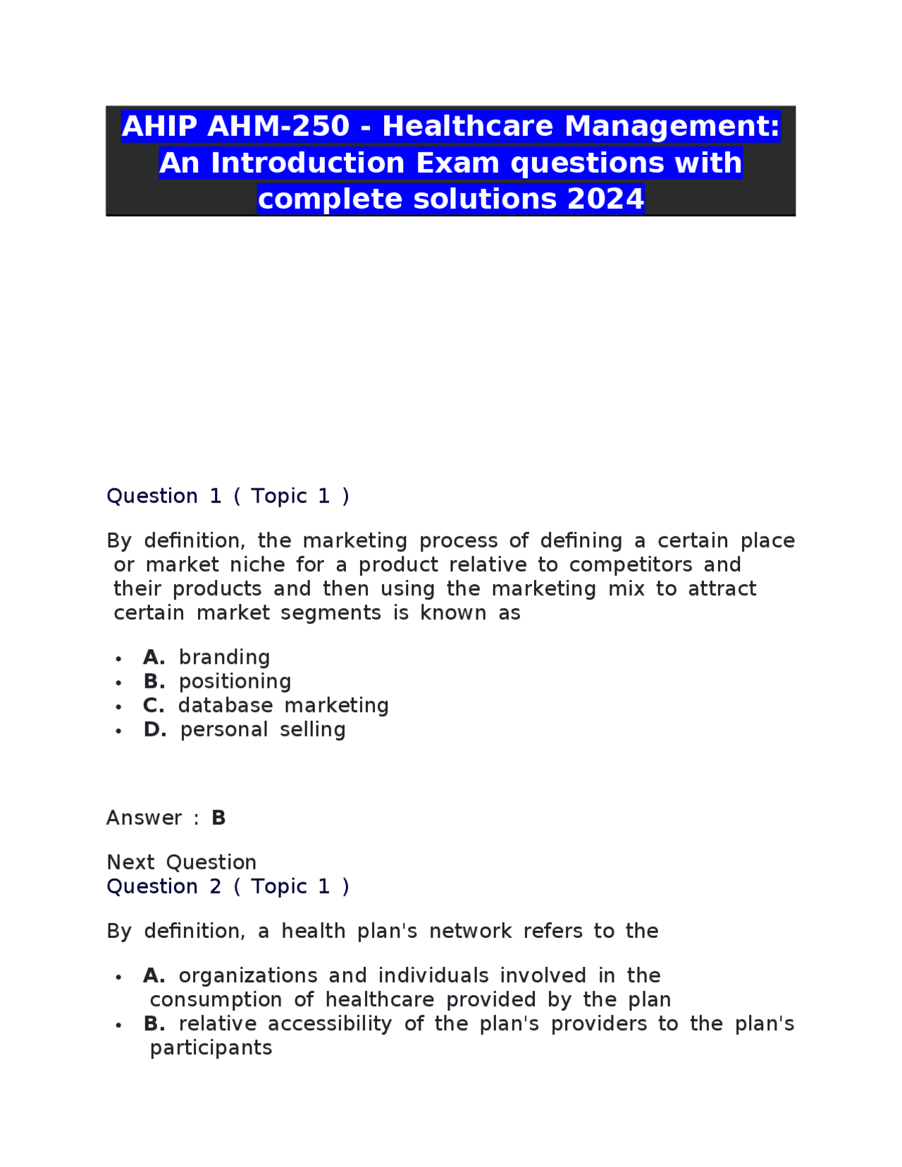 AHIP AHM-250: Healthcare Management Exam Questions & Solutions 2024 ...