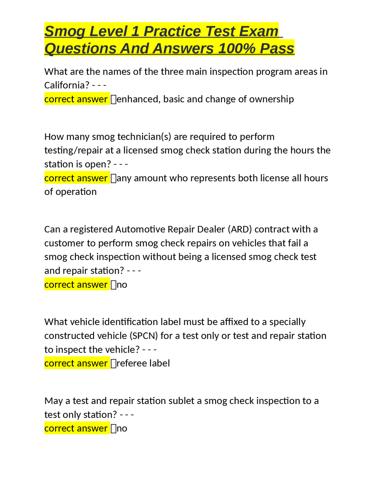 Smog Level 1 Practice Test Exam: Questions and Answers | Exams ...
