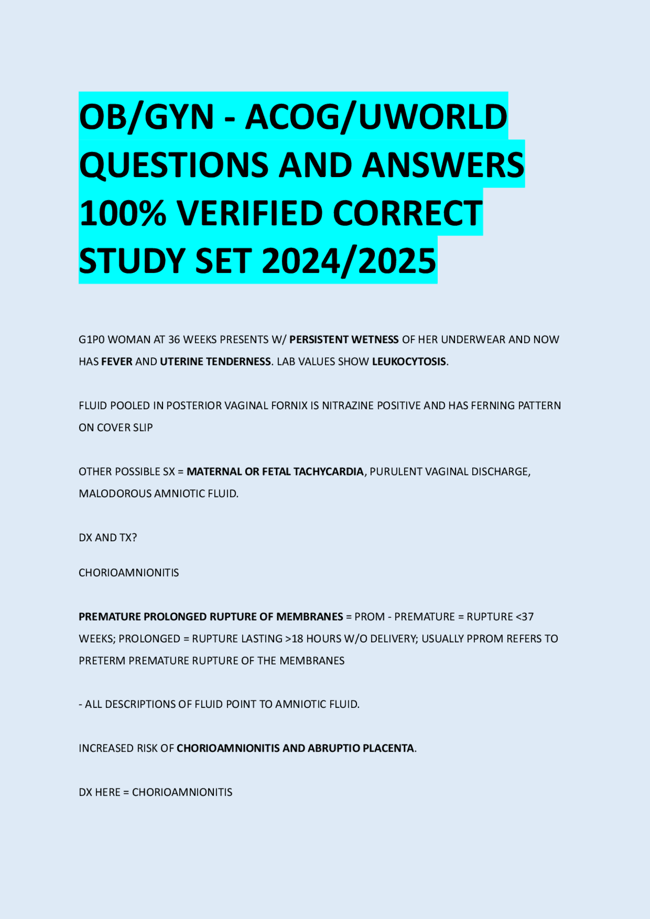 OB/GYN - ACOG/UWORLD QUESTIONS AND ANSWERS 100% VERIFIED CORRECT STUDY ...