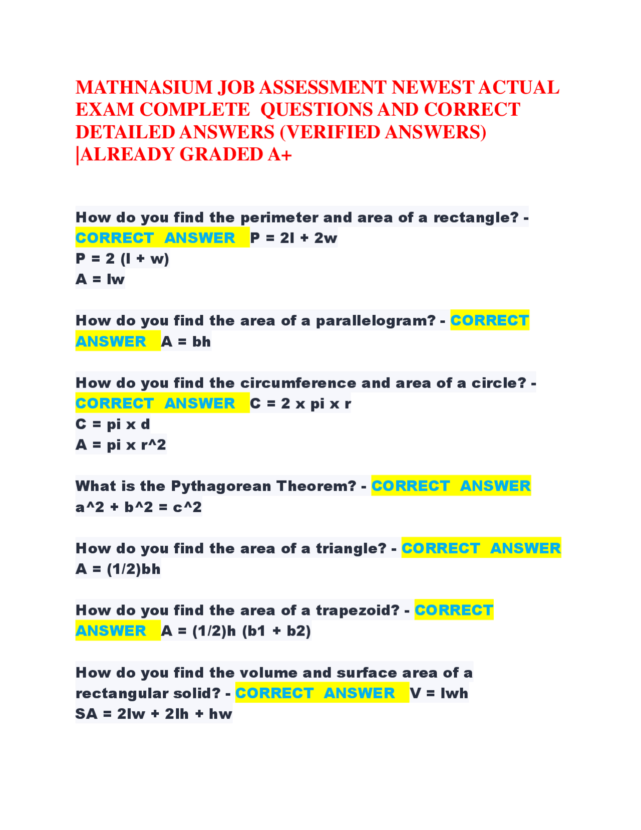 Mathnasium Job Assessment: Geometry, Algebra, and Basic Math Concepts ...