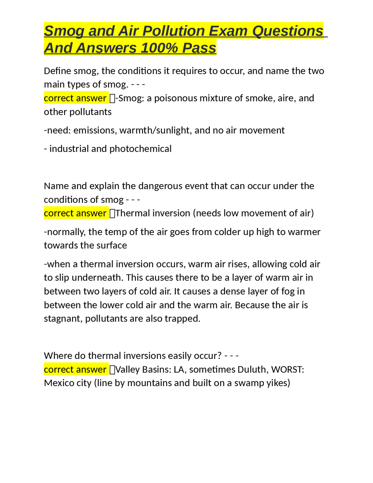 Smog and Air Pollution Exam Questions and Answers | Exams Engineering ...