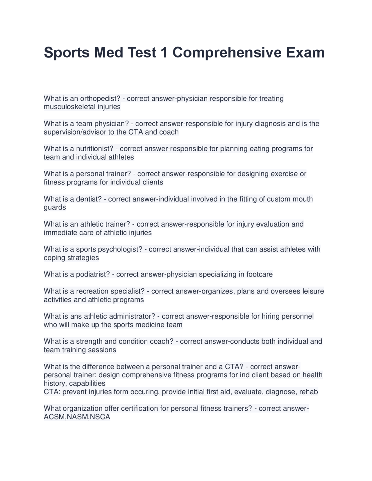 Sports Medicine Test 1 Comprehensive Exam: Definitions, Roles, and ...