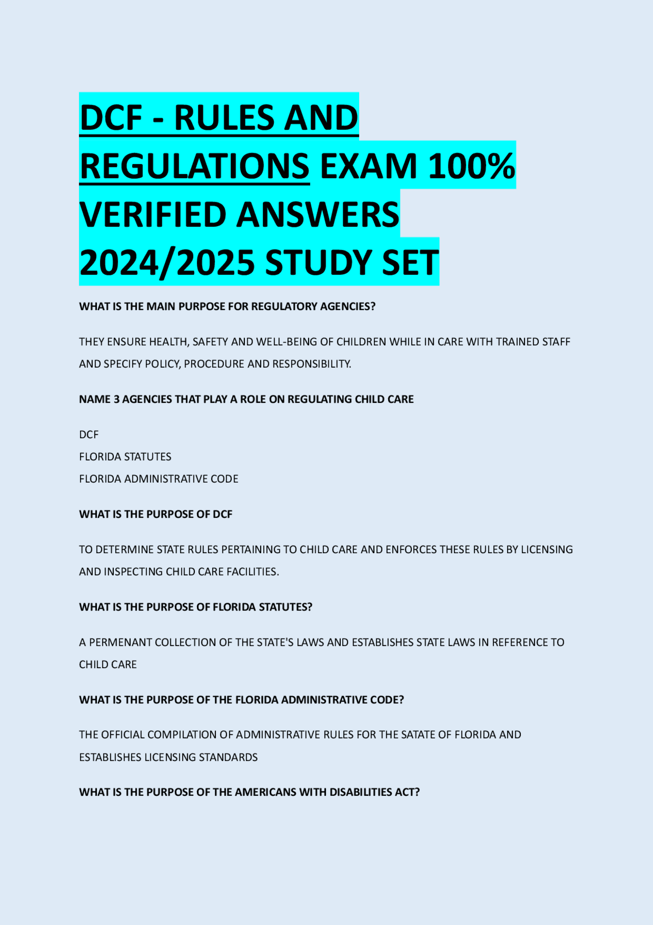 DCF - RULES AND REGULATIONS EXAM 100% VERIFIED ANSWERS 2024/2025 STUDY ...