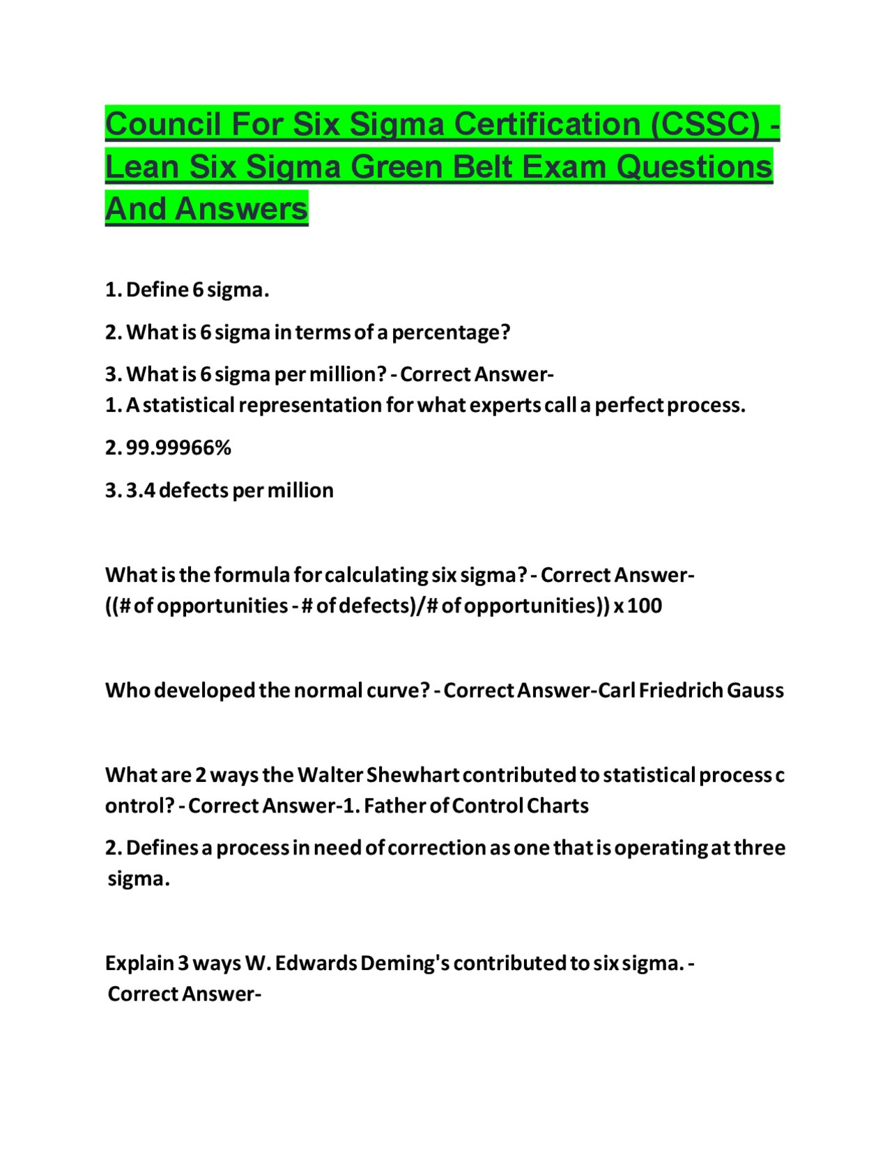 Lean Six Sigma Green Belt Exam Questions and Answers | Exams Advanced ...